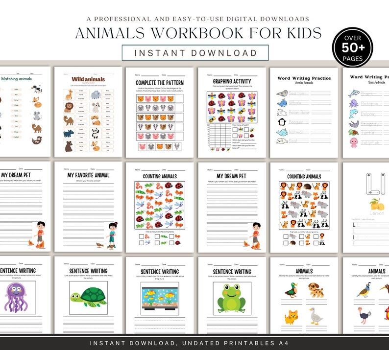 Animals Workbook for Kids, Educational Learning Activity Book, Children ...