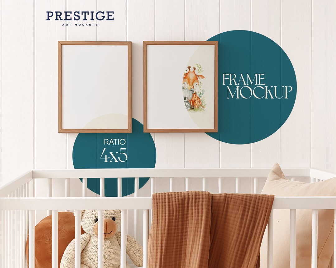 Nursery Frame Mockup Two Set 4x5 Ratio Light Brown Border Wall Art Mock ...