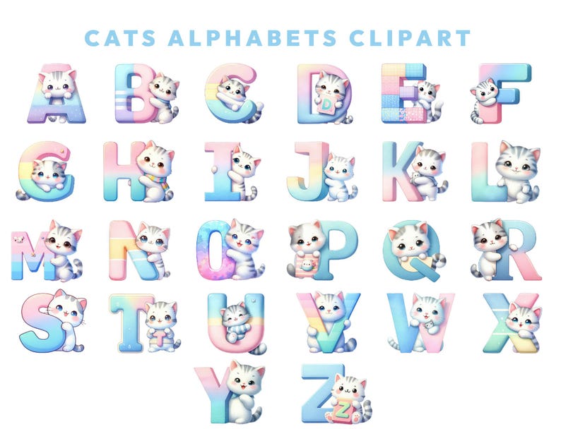 Cute Pastel Cats Alphabet and Numbers Clipart Bundle, Kitten Alphabet ...