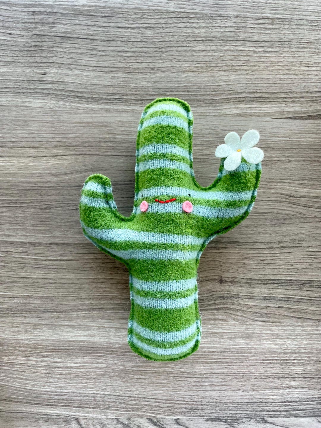 Green Striped Flowering Saguaro Cactus Upcycled Recycled Wool Plush ...