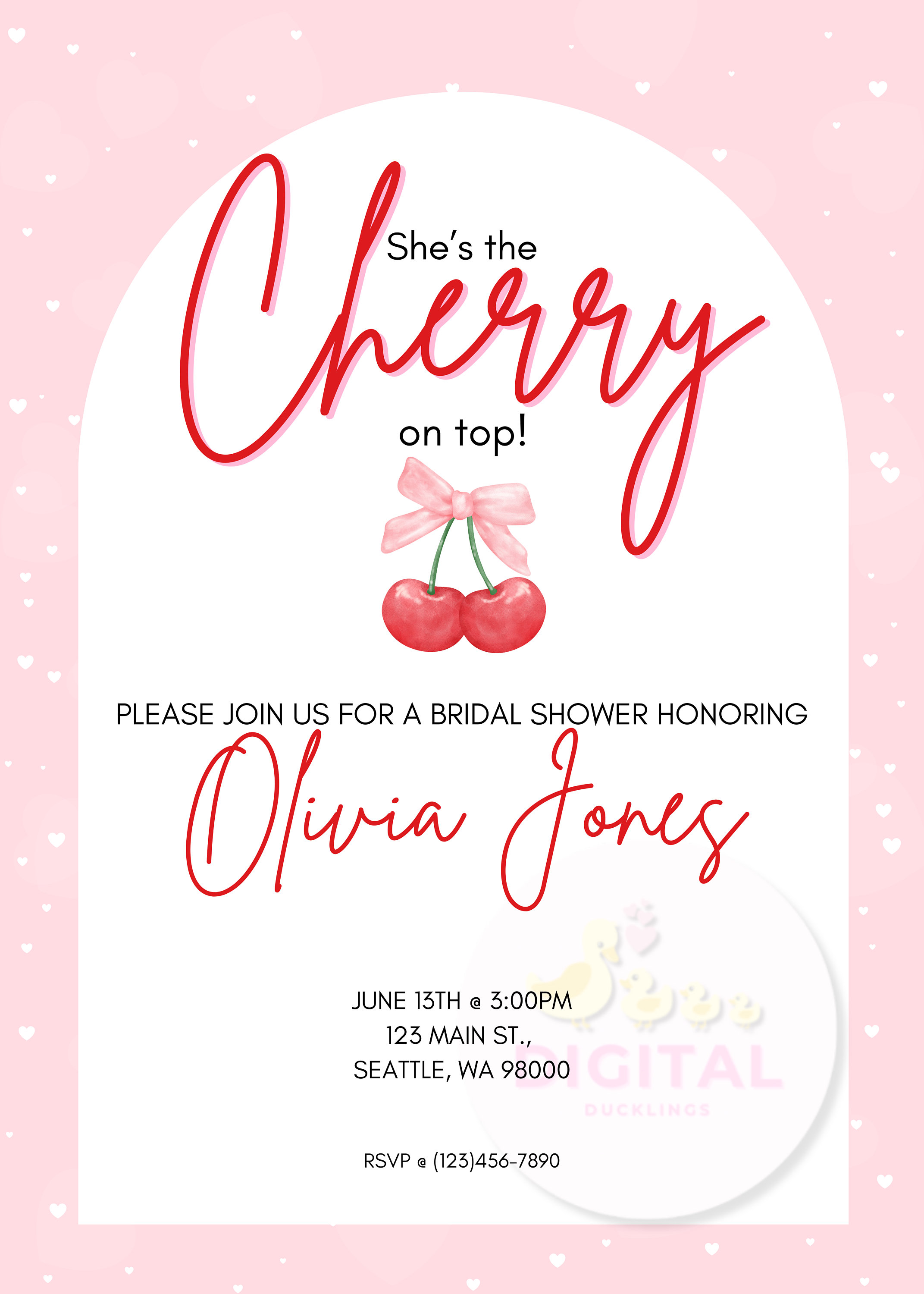Bachelorette or Bridal Shower Party Invite Pink She's the Cherry on Top Inspired Customizable ...