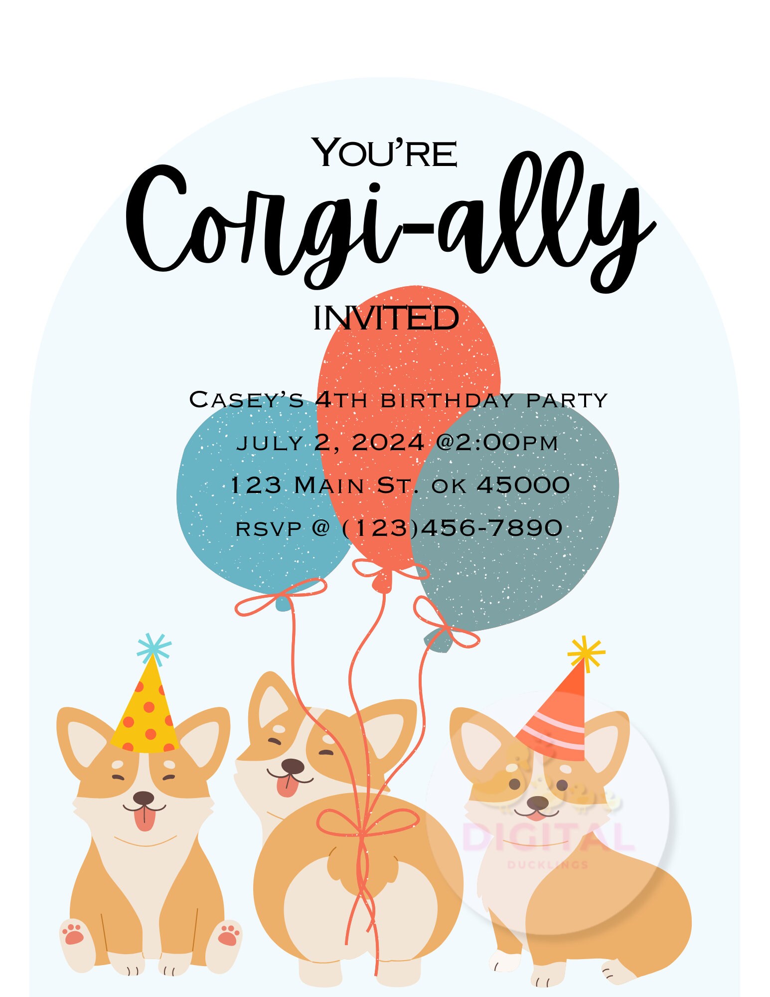 Corgi Themed Invitation, Dog or Kid Party! Corgi-ally Invited! Girly or ...