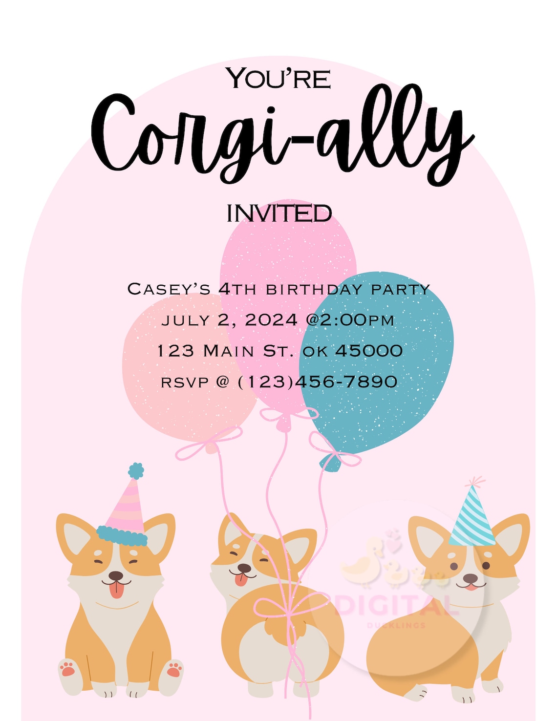 Corgi Themed Invitation, Dog or Kid Party! Corgi-ally Invited! Girly or ...