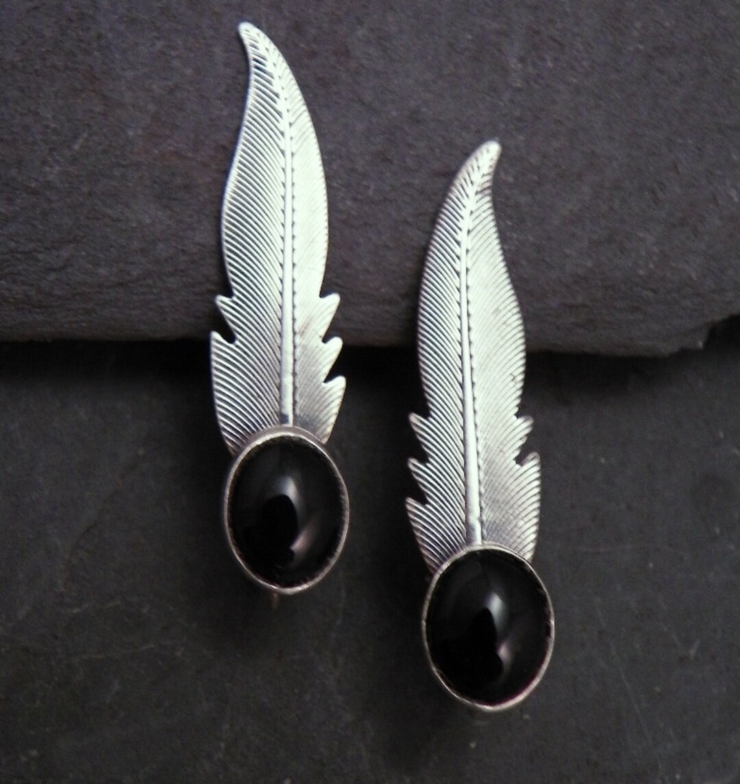 RAVEN EAR SWEEPS Pair Sterling Silver Black Onyx Ear Pin Climber ...