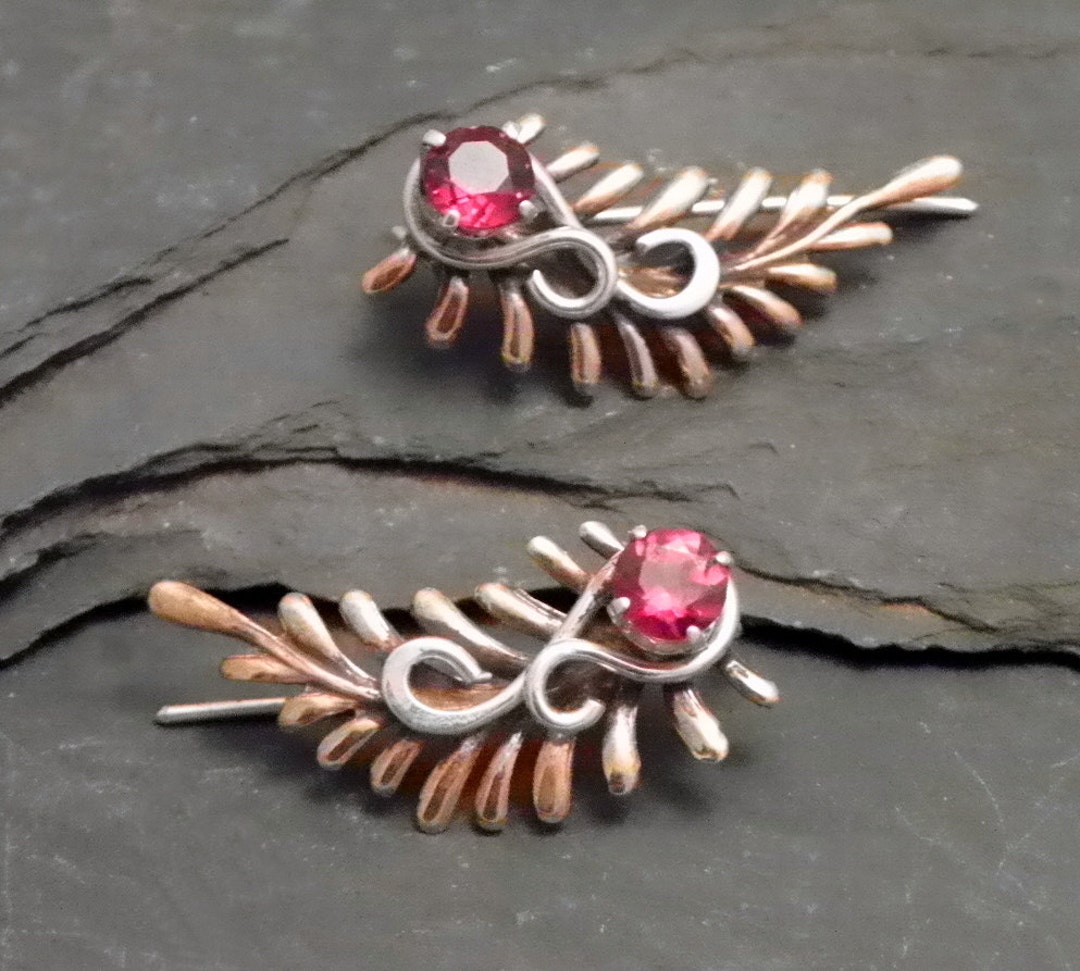 PAISLEY EAR PIN Sweeps Pair Mixed Metal Brass & Sterling Garnet Ear Pin ...