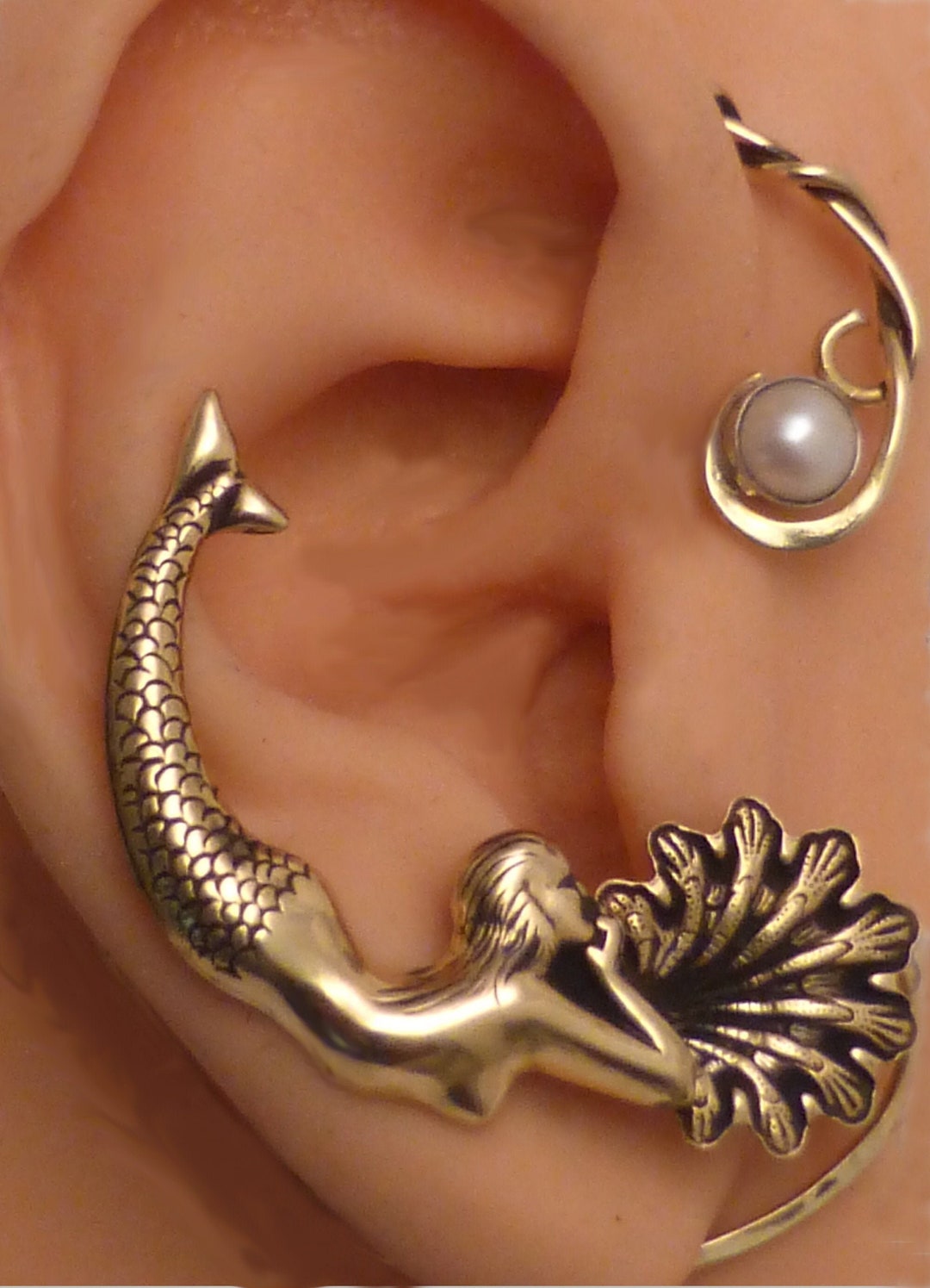 Handcrafted Mermaid Ear Cuff Wrap: Golden Brass Ocean Pearl - Etsy