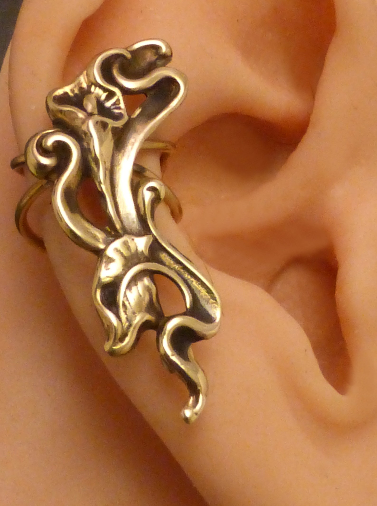GOLDEN CALLA Earcuff - Art Nouveau Brass Flower Swirly Ear Cuff for ...