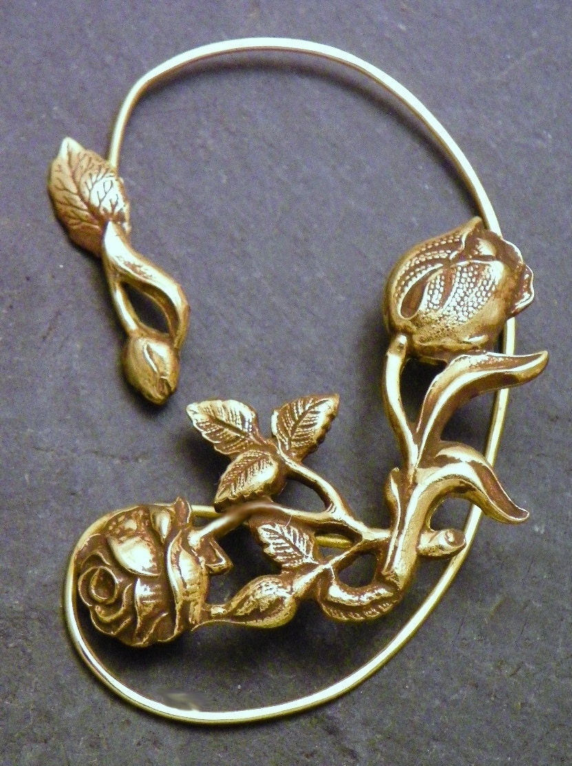 ROSES Ear Wrap for LEFT Ear Flower and Leaf Brass Ear Cuff - Etsy