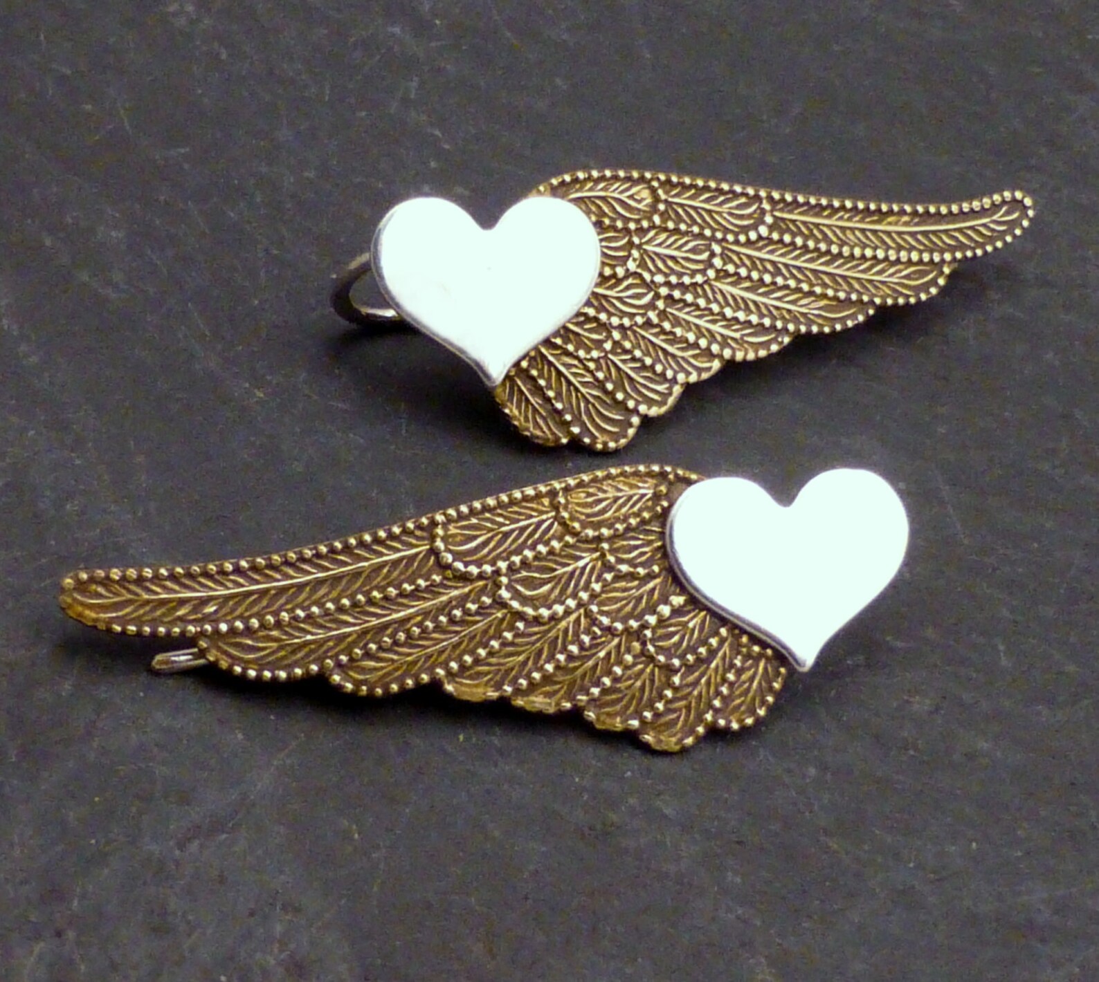 WINGED HEART SWEEP Mixed Metal Sterling Heart and Brass Wing Ear Pin ...