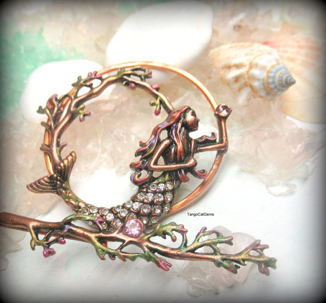 Mermaid With Rhinestones Copper Hair Clip Hand Painted Pink Cz Accents ...