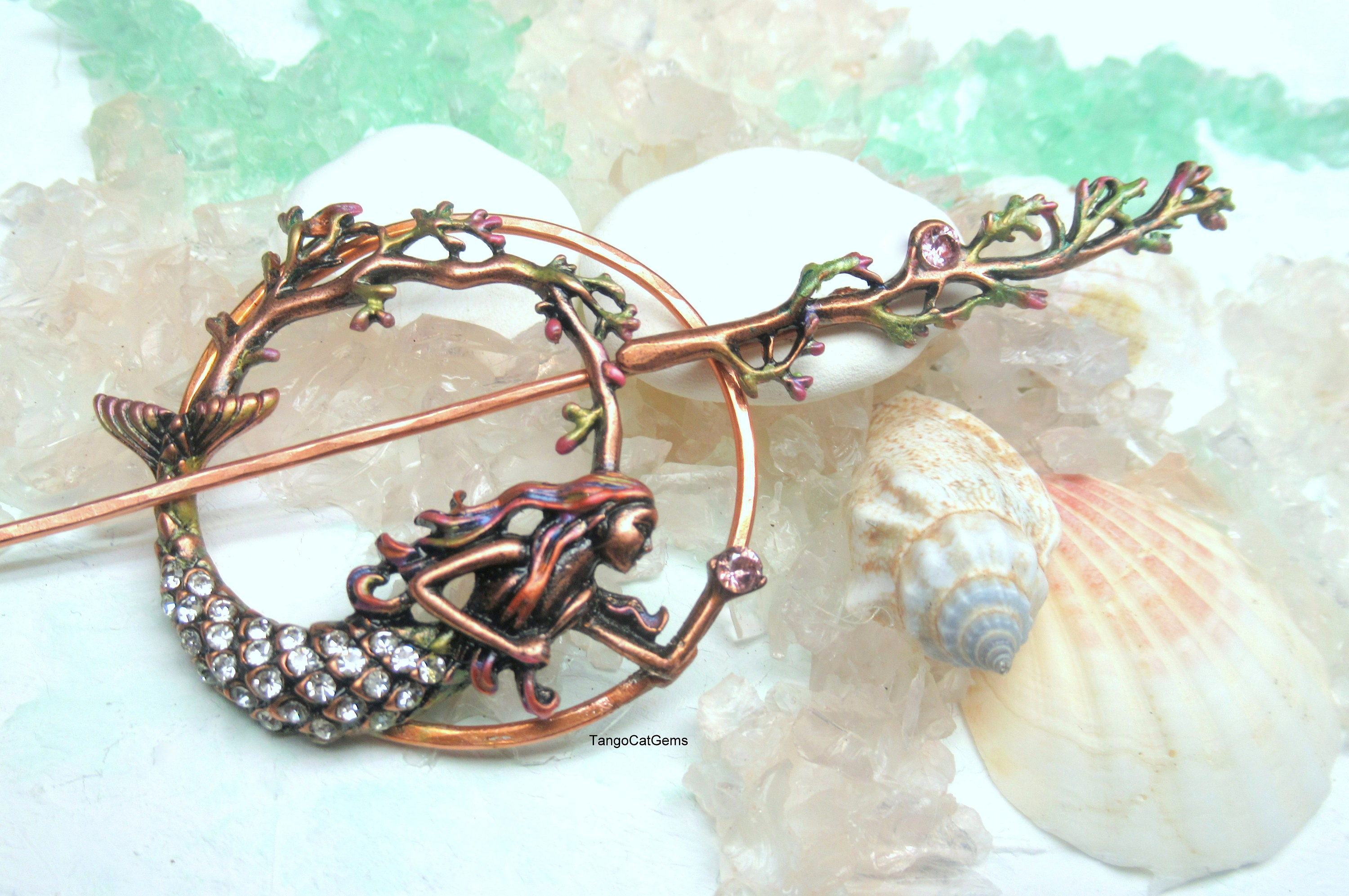 Mermaid With Rhinestones Copper Hair Clip Hand Painted Pink Cz - Etsy