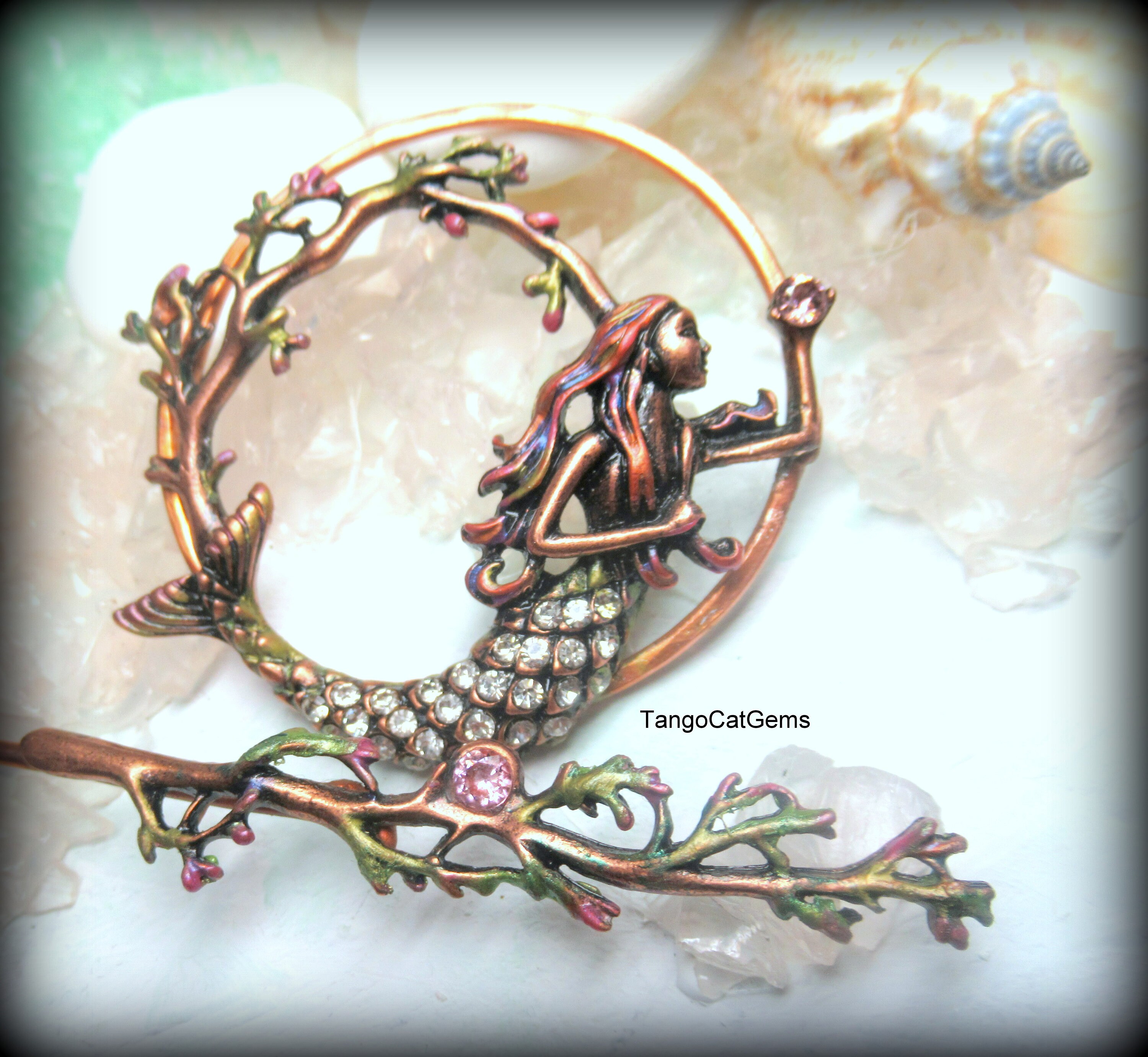 Mermaid With Rhinestones Copper Hair Clip Hand Painted Pink Cz - Etsy