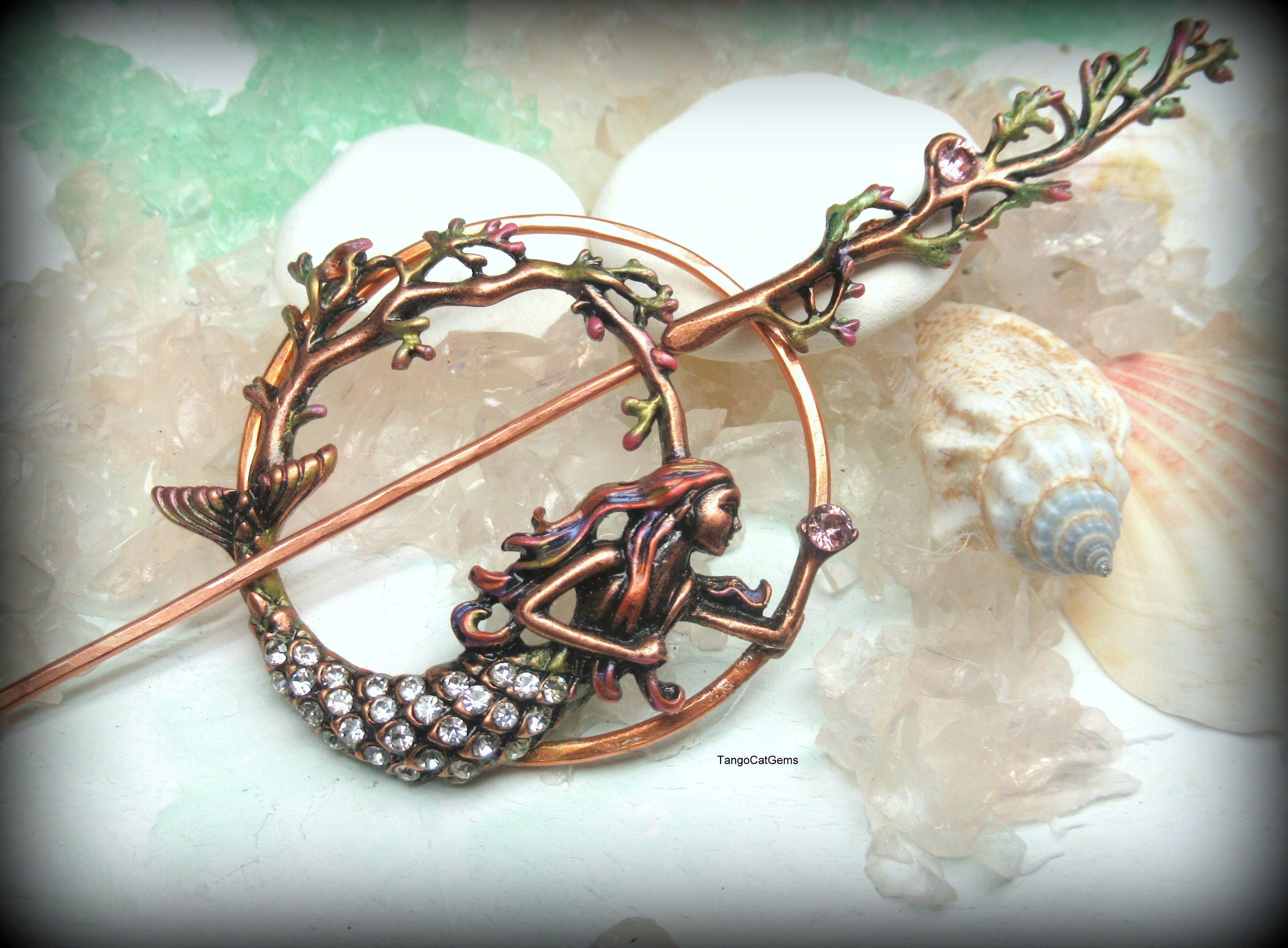 Mermaid With Rhinestones Copper Hair Clip Hand Painted Pink Cz - Etsy