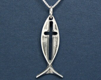 Christian Cross with Fish Symbol Small Sterling Silver | Etsy