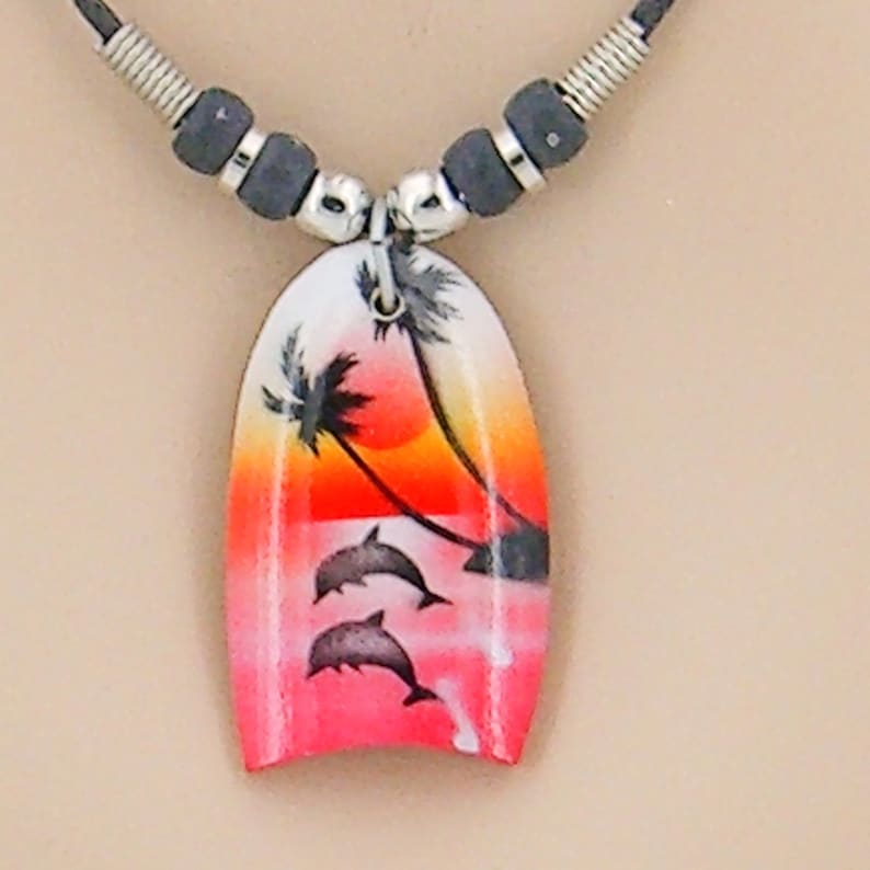 Wood Boogie Board Necklace, Black Cord With Silver and Black Beads 18 ...