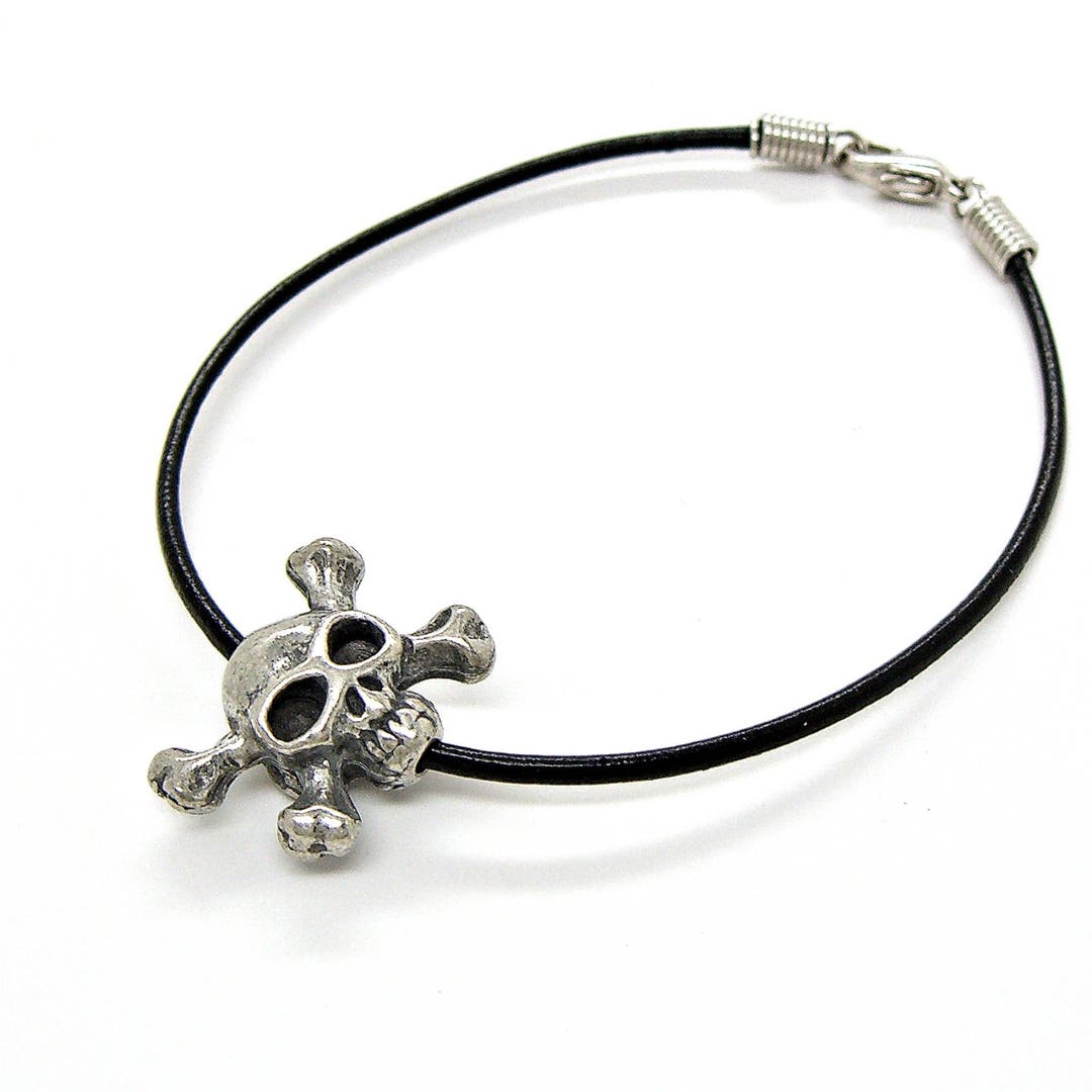 Skull and Crossbones Black Leather Bracelet or Anklet, 1008-08 - Etsy