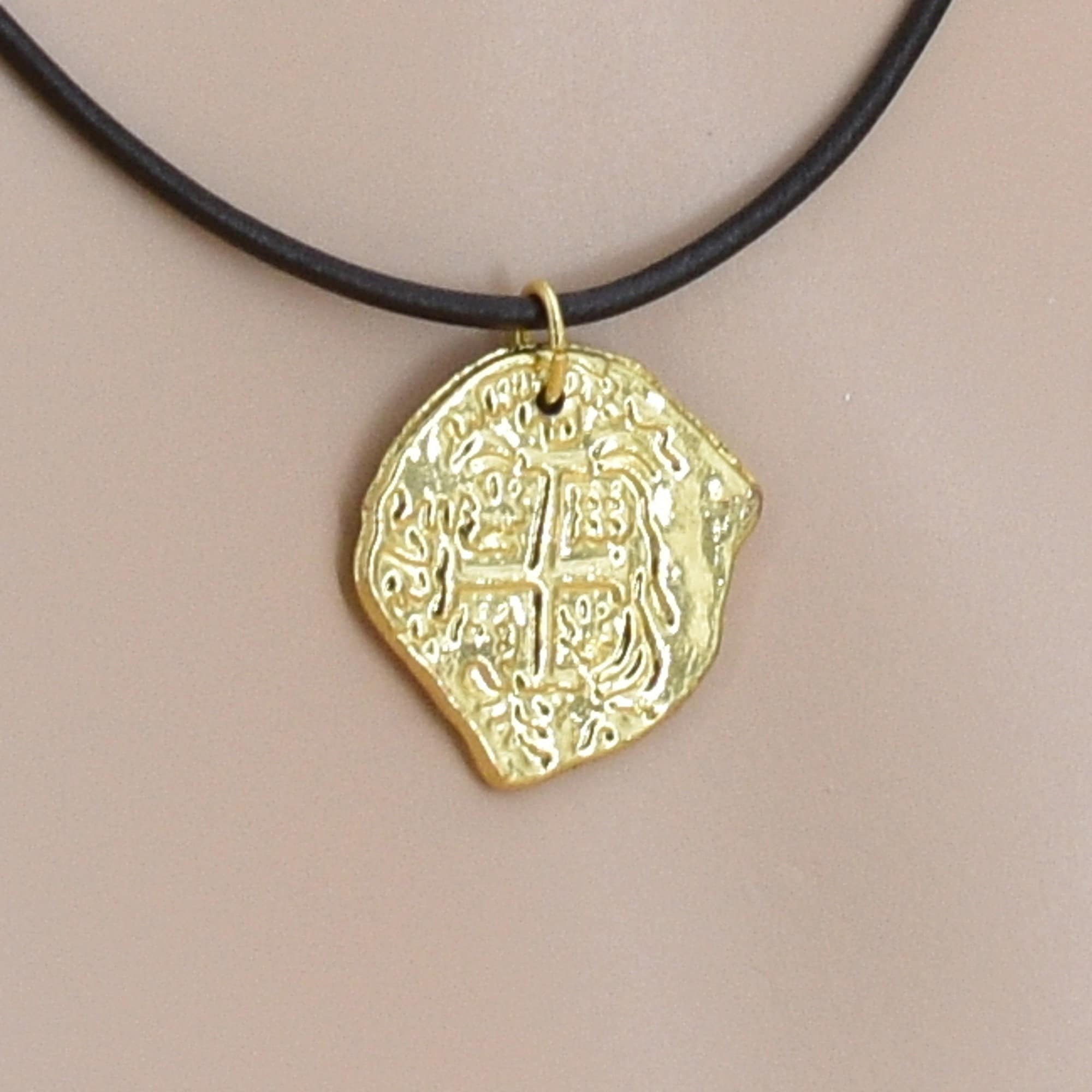 Gold Coin Leather Necklace, Pirate Treasure, Doubloon, Spanish Replica ...