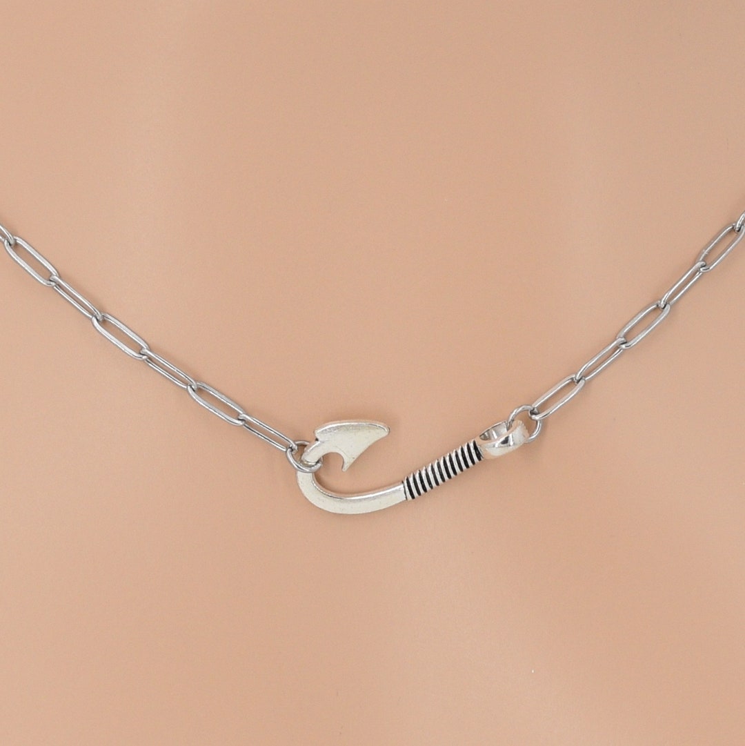 Fish Hook Charm Necklace Adjustable Paper Clip Chain 18" - 20" Silver ...