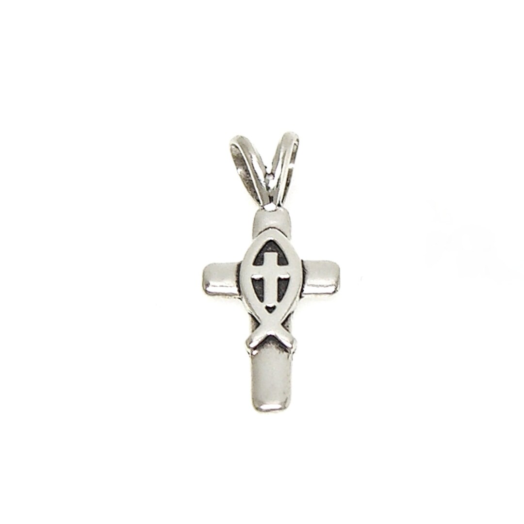 Christian Cross With Fish Symbol Small Sterling Silver Religious Faith ...