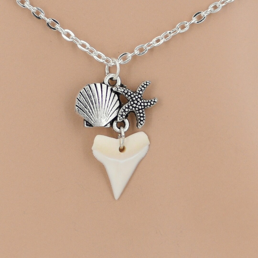 Shark Tooth Sea Shell Starfish Necklace, Silver Cable Chain, Choose ...