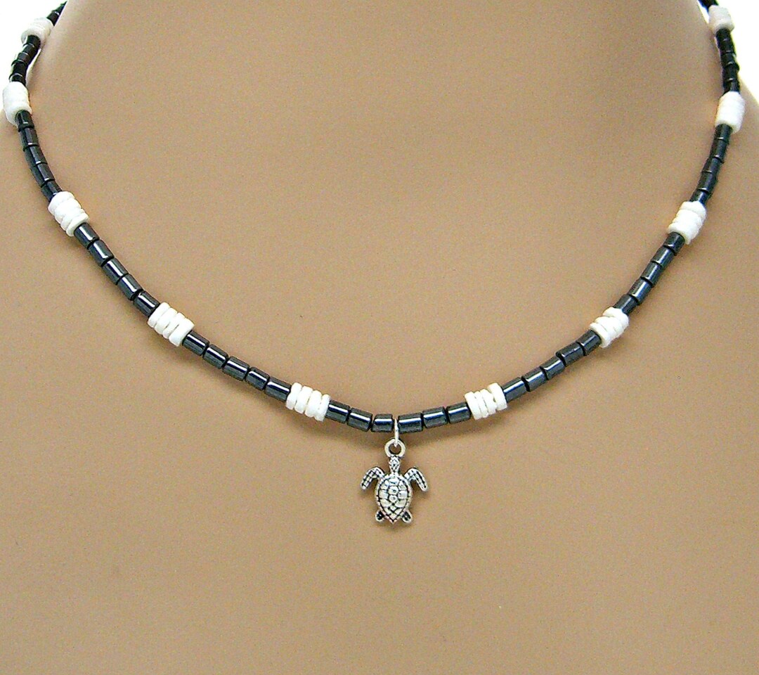 Black Glass White Puka Shells Necklace Sea Turtle, Save the Turtles ...