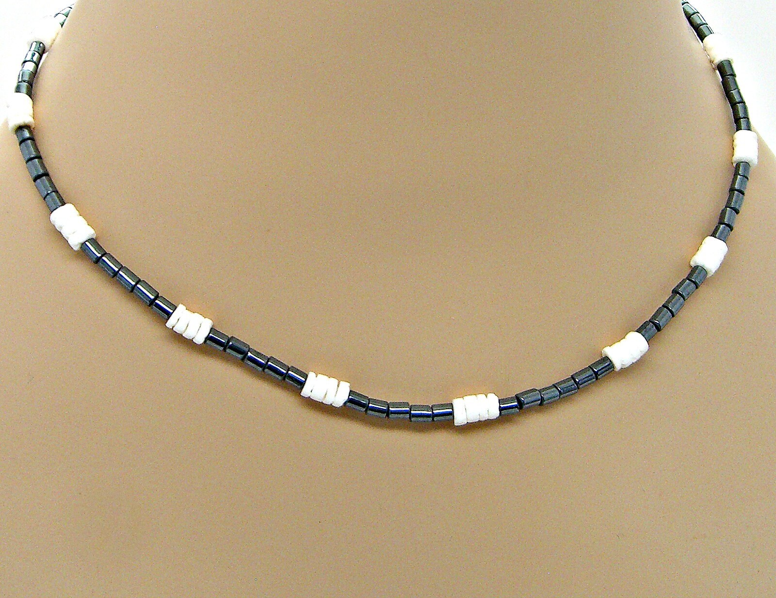 Black Glass White Puka Shells Necklace Beach Hematite Look 18-inches ...