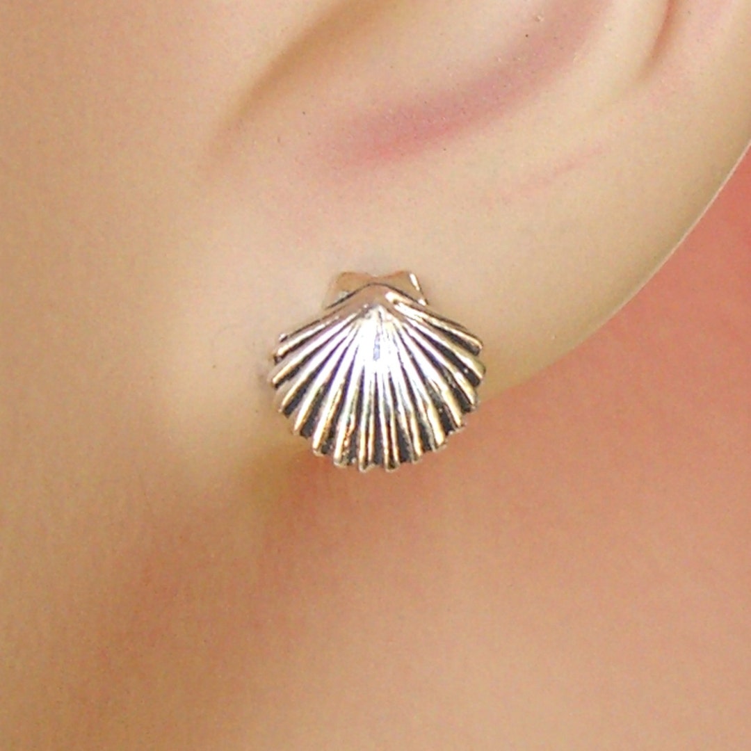 Scallop Sea Shell Earrings Sterling Silver Tropical Minimal Tiny Ear ...