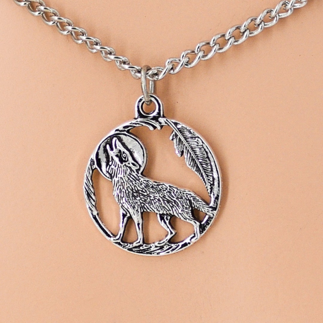 Wolf Howling at Moon Silver Pendant Curb Chain Necklace, Choose Length ...
