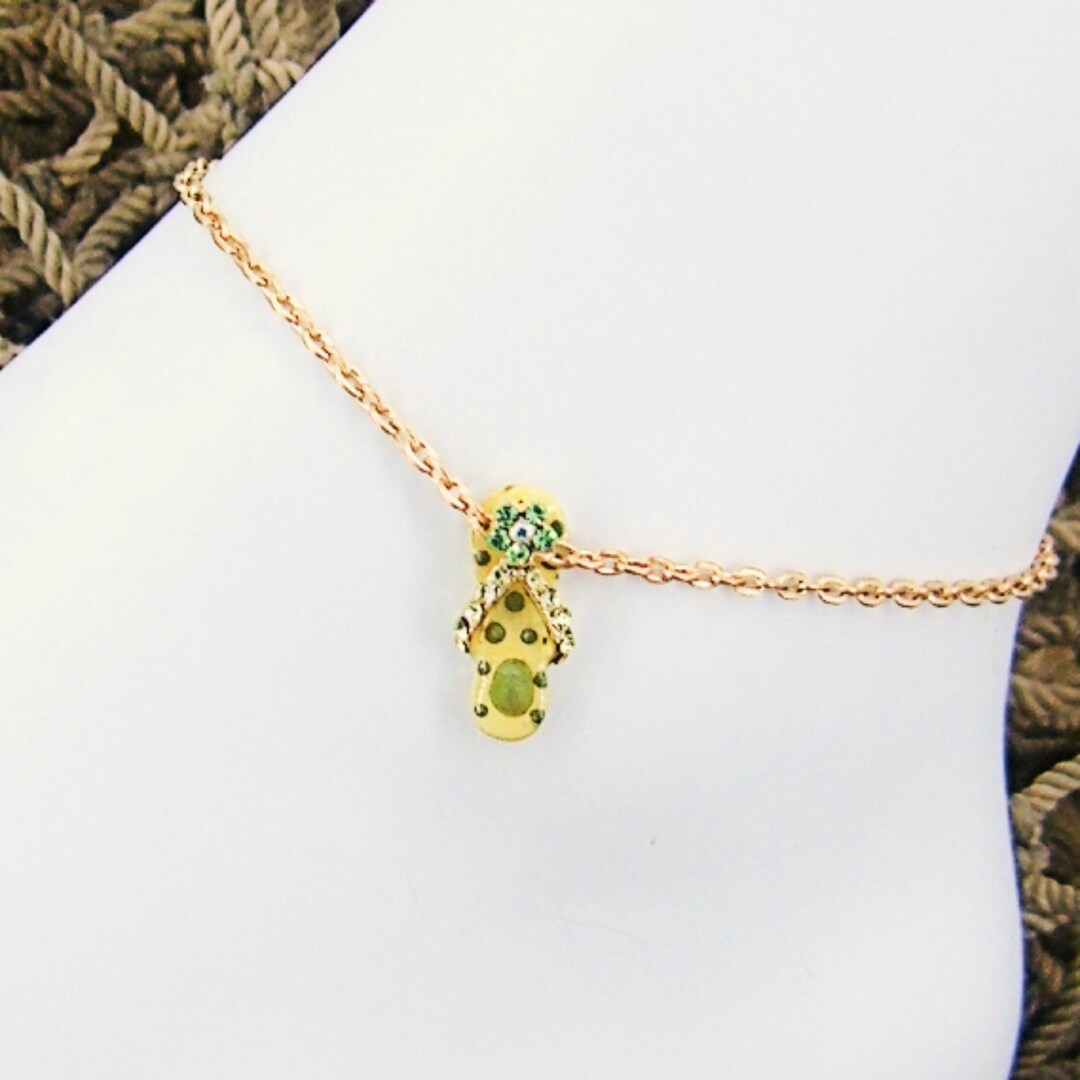 Flip Flop Anklet Gold Plated Cable Chain, Yellow With Green Polka Dots ...