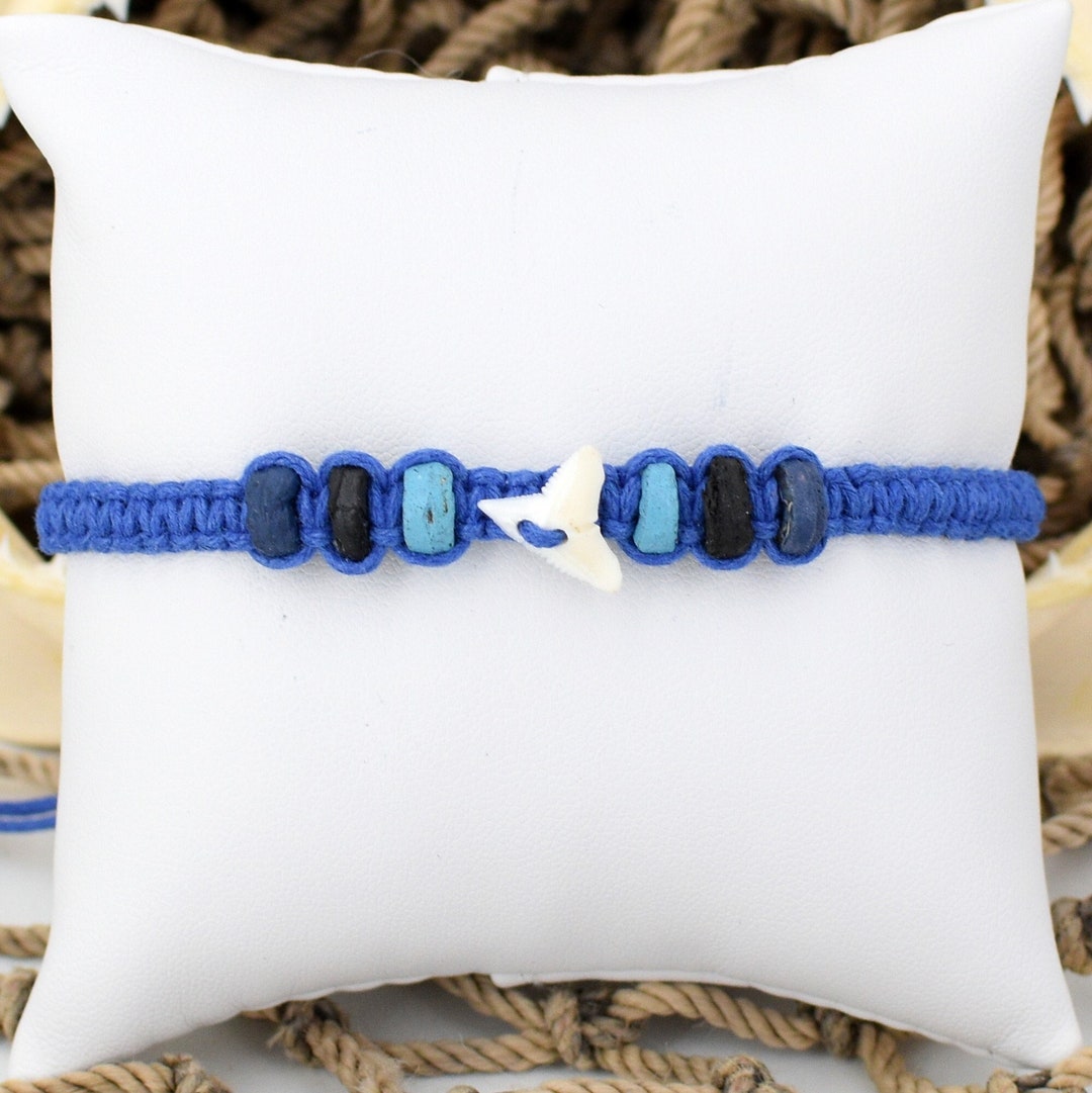 Shark Tooth Bracelet Adjustable Braided Waterproof Macramé Cord Blue ...