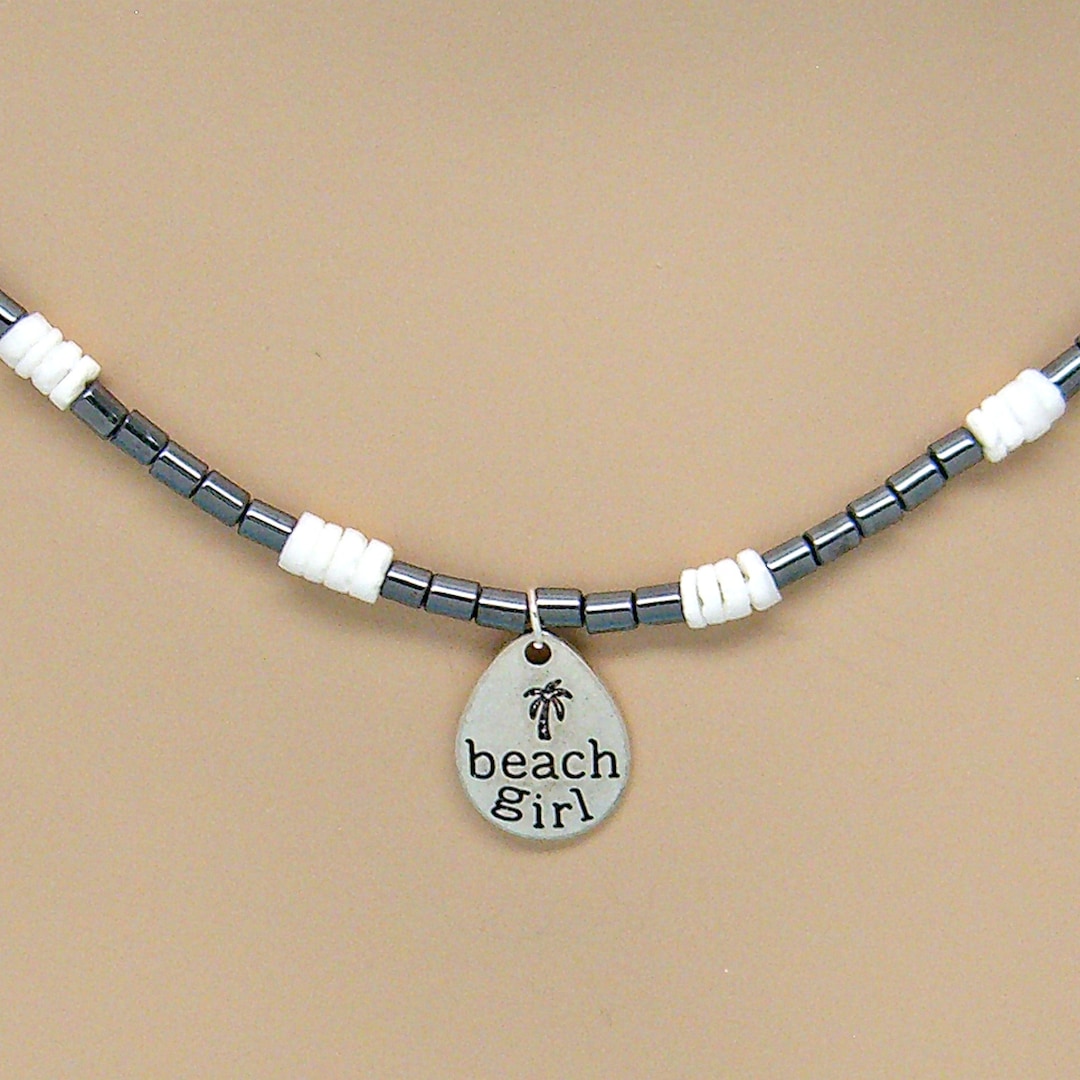 FLASHSALE Black Glass White Puka Shells Necklace Beach Girl Palm Tree ...