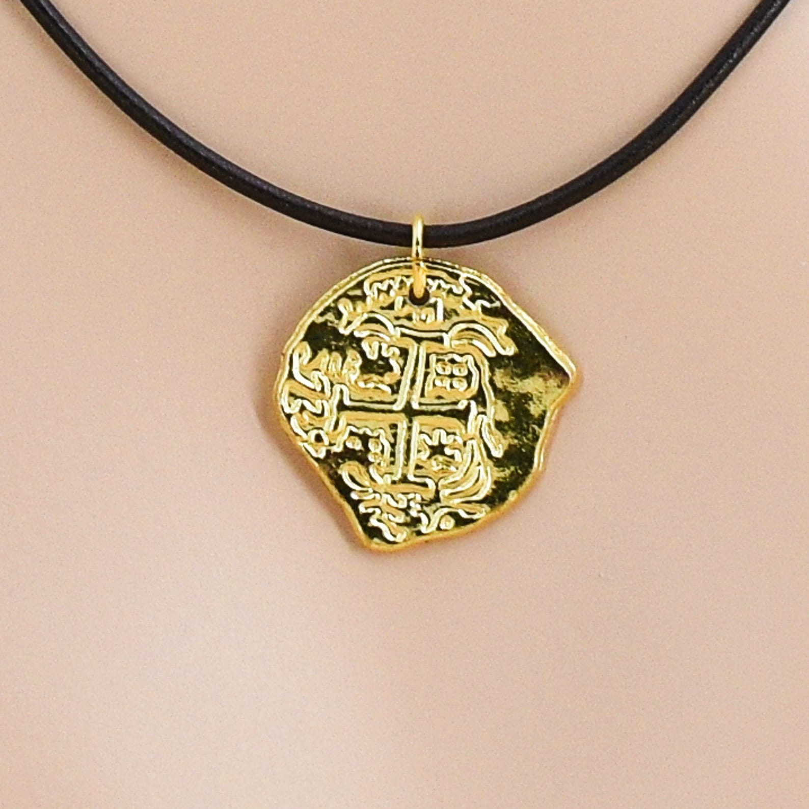 Gold Coin Leather Necklace, Pirate Treasure, Doubloon, Spanish Replica ...