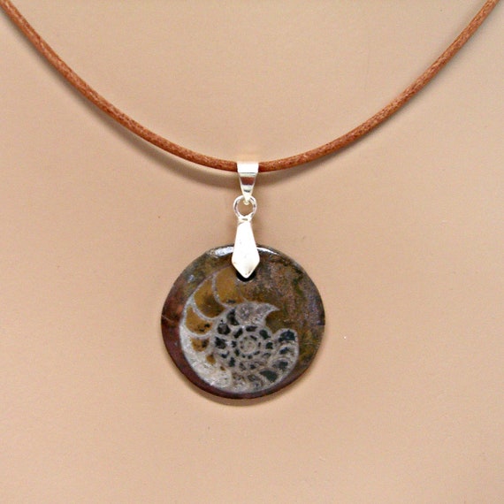 Ammonite Fossil Pendant Leather Necklace Choice of Color and Length 7100 Etsy