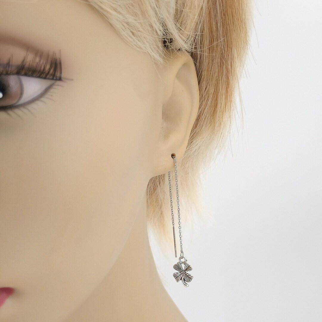 Four Leaf Clover Ear Threads Threader Earrings Pair Silver 4.5 ...