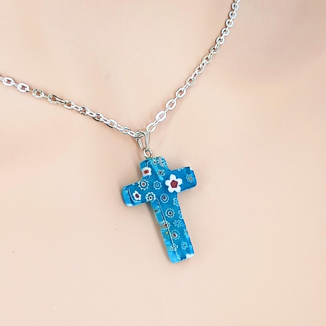 Millefiori Cross Necklace, Silver Stainless Steel Cable Chain, 15 - 23. ...