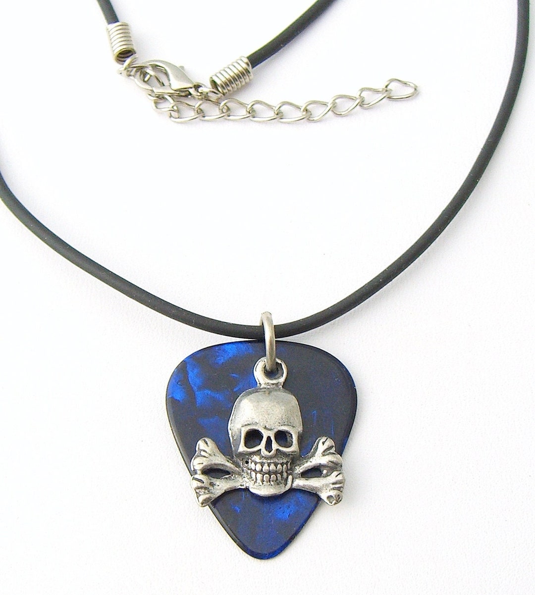 Skull and Crossbones Guitar Pick Necklace on Black Silicone Cord, 9002 ...