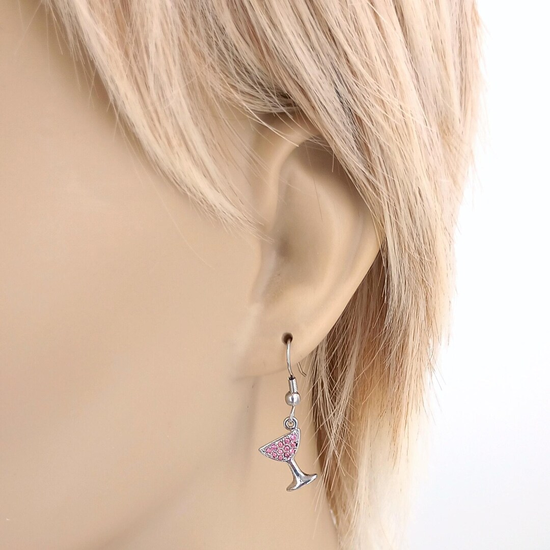 Cosmopolitan Earrings: Silver Pink Cosmo Dangle Ear Wires With Crystals ...