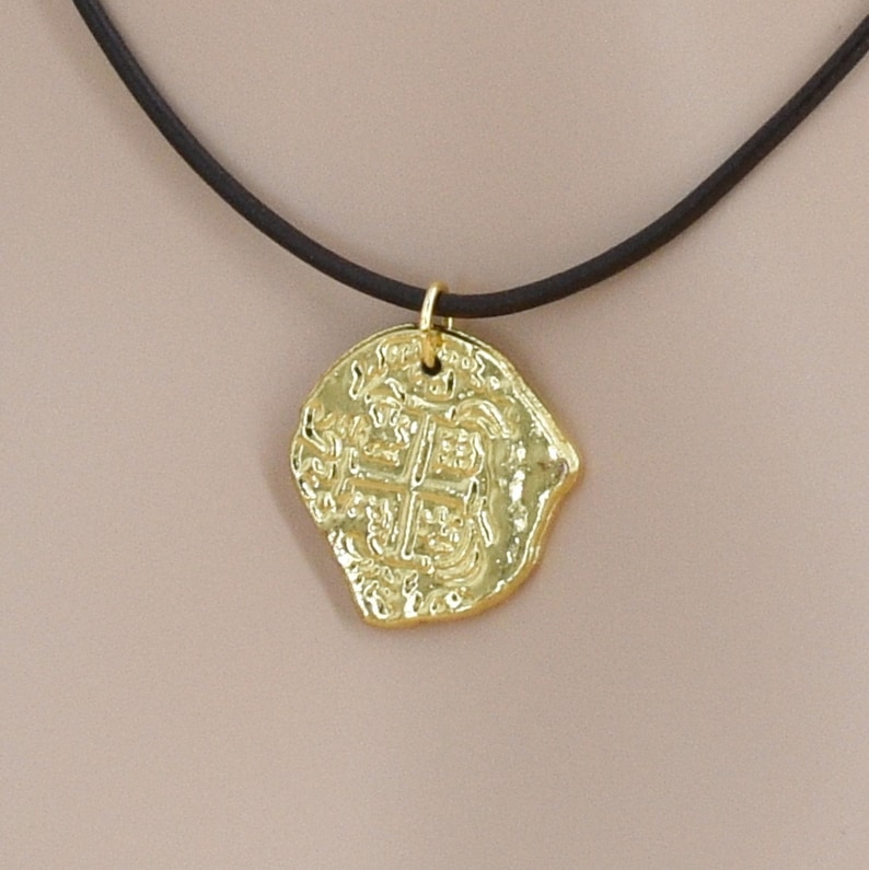 Gold Coin Leather Necklace, Pirate Treasure, Doubloon, Spanish Replica ...