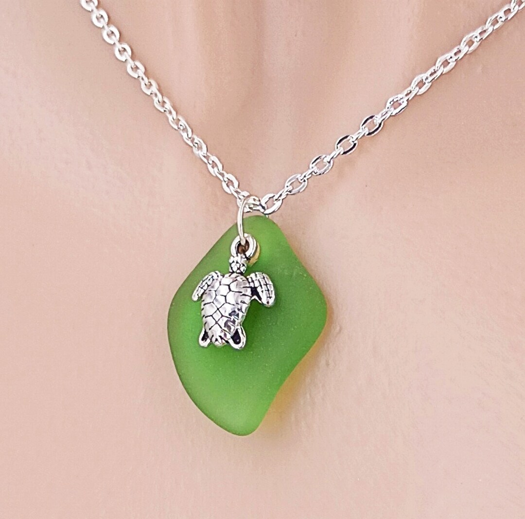 Green Sea Turtle Necklace, Silver Cable Chain With Genuine Sea Glass ...