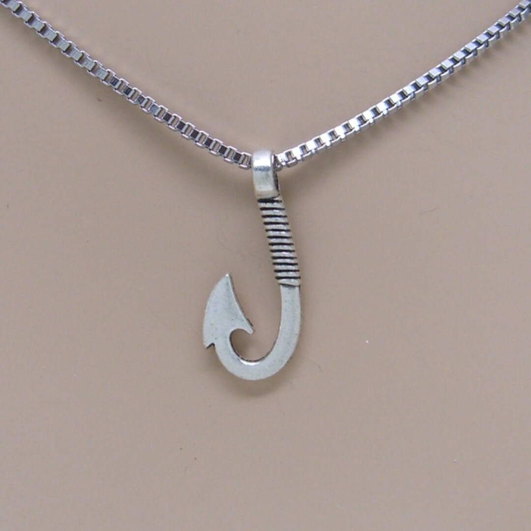 Fish Hook Pendant Stainless Steel Box Chain Necklace 20" Fishing, Beach ...