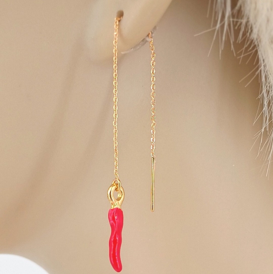 Red Chili Pepper Italian Horn Ear Threads Threader Earrings Pair ...