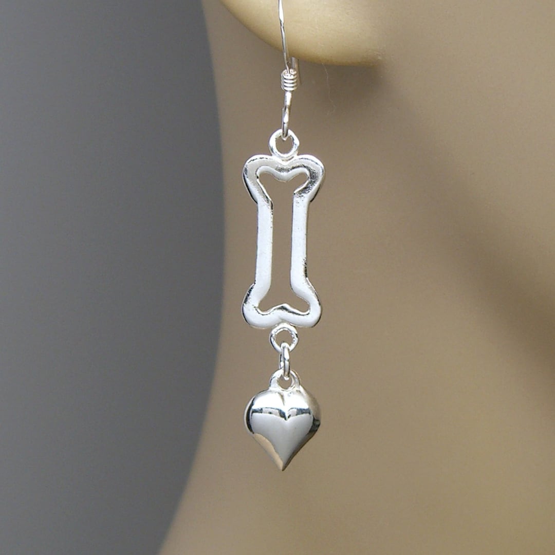 Sterling Silver Dog Bone Heart Dangle Earrings: Pet Lover Jewelry - Etsy