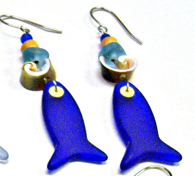 Earrings Fish, Sea Glass Coconut Shell Dangle Ear Wires Choice of ...