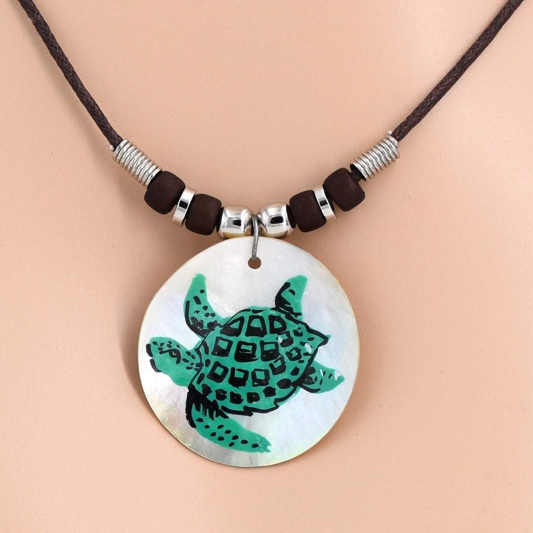 Green Turtle Shell Disc Necklace, Brown Cord Brown and Silver Beads, 14 ...