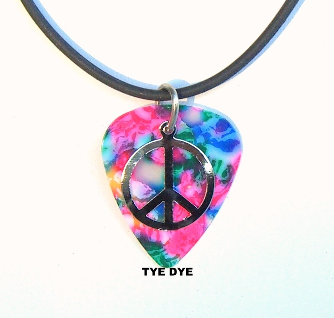 Peace Sign Guitar Pick Necklace on Black Silicone Cord, Tie Dye Hippie ...