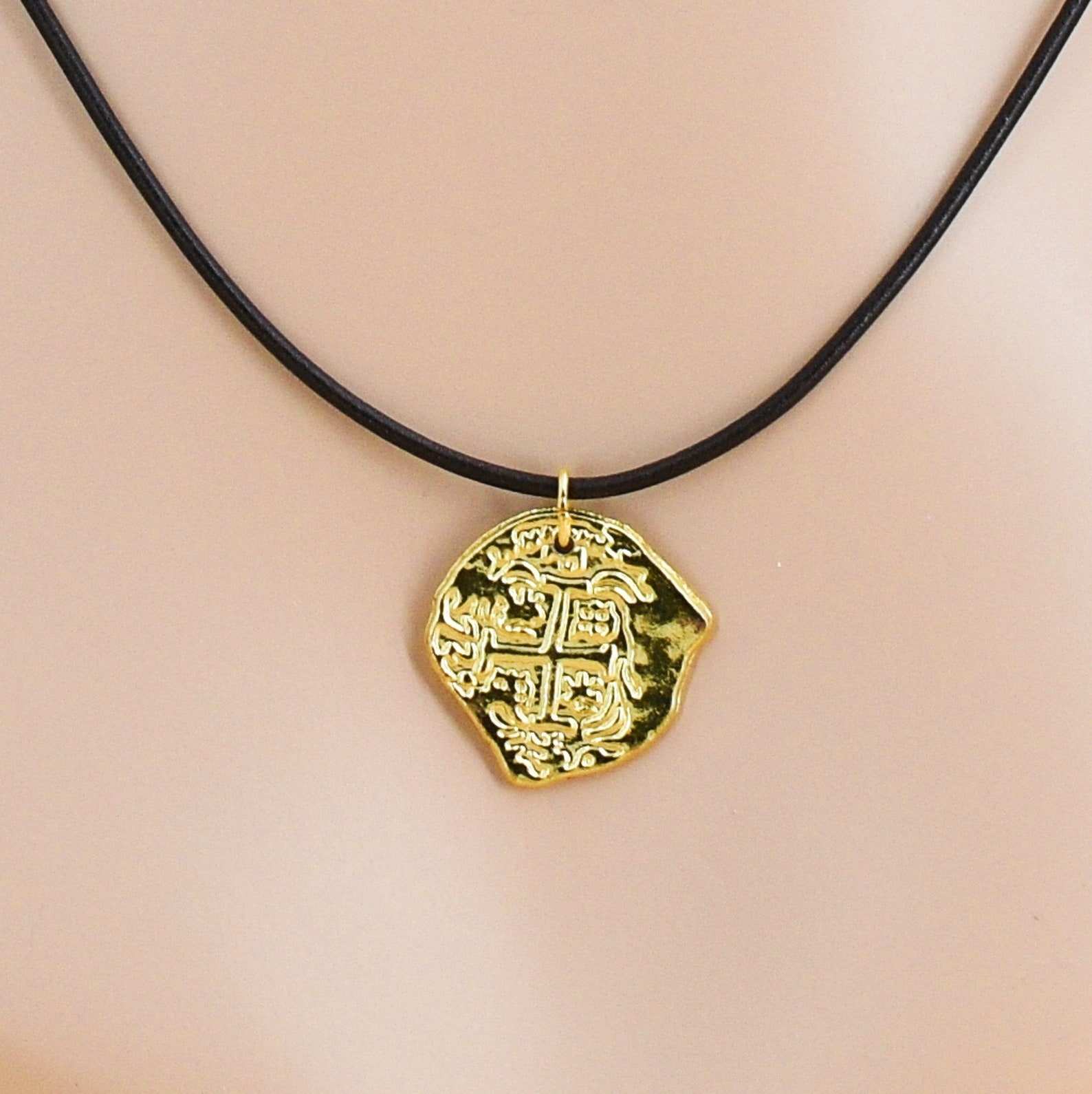 Gold Coin Leather Necklace, Pirate Treasure, Doubloon, Spanish Replica ...