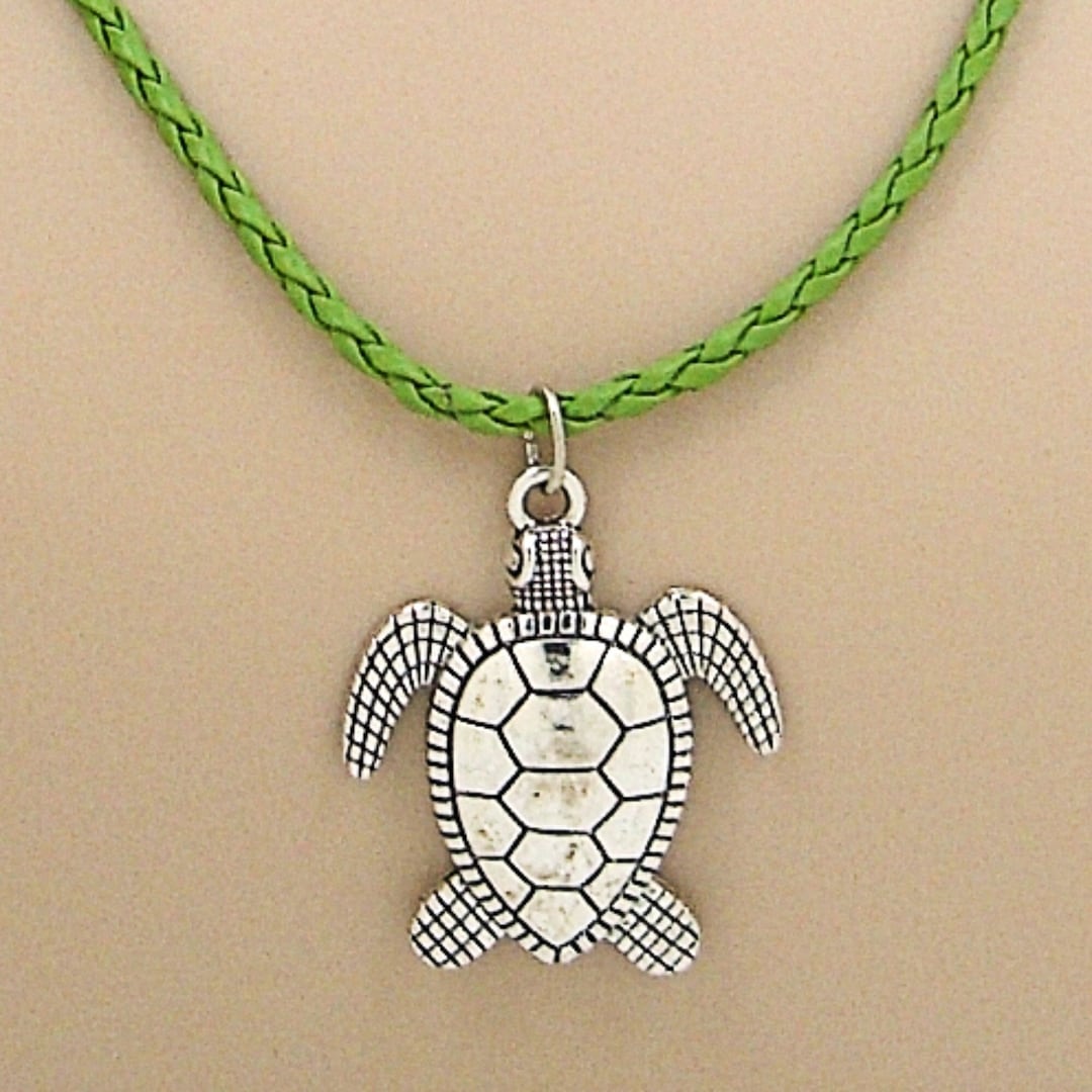Large Sea Turtle Necklace, Green Vegan Braided Leather Cord, 16", 18 ...