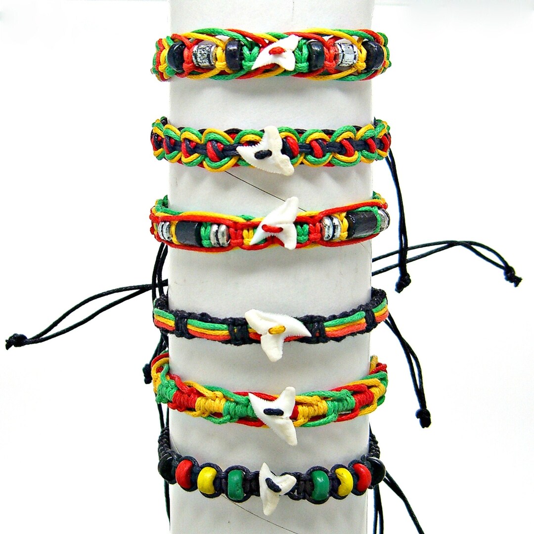 Rasta Shark Tooth Bracelet or Anklet Adjustable Macrame Cord Choice of ...