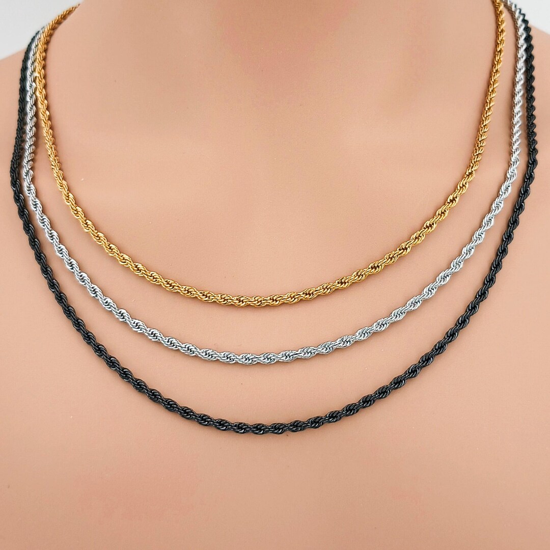 Stainless Steel 3mm Gold, Black or Silver Rope Chain 20 or 24 Inches ...