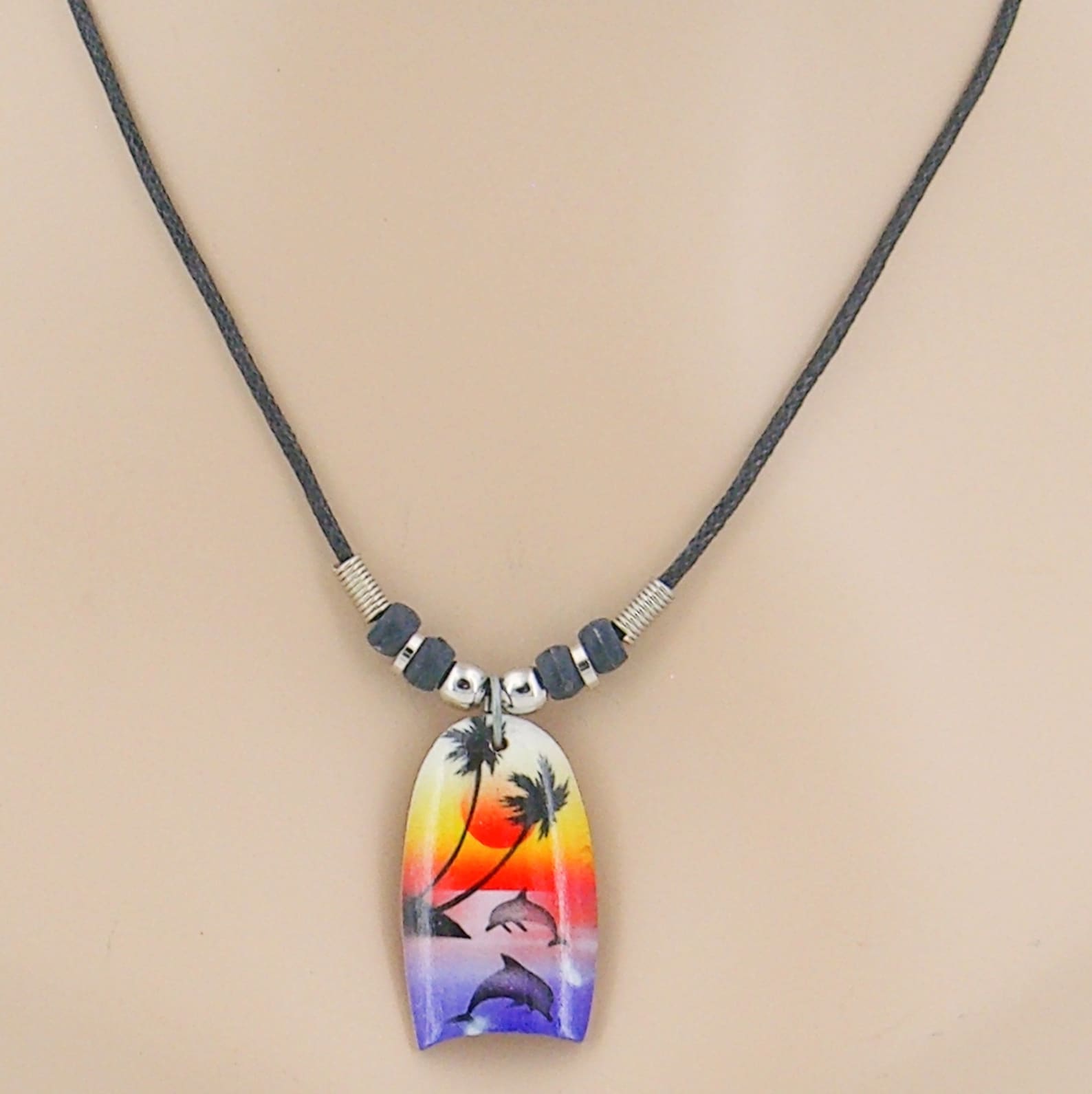 Wood Boogie Board Necklace, Black Cord With Silver and Black Beads 18 ...